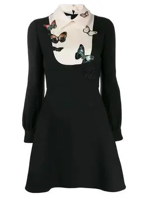 Valentino Garavani Embroidered Butterfly Flared Dress - Black