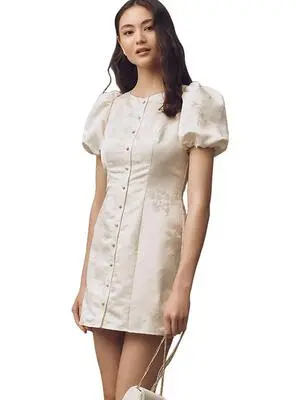 HUTCH Puff-sleeve Crew-neck Jacquard Mini Dress - Ivory