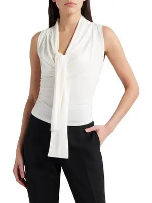NIKKI LUND Rani Ruched Tie Neck Sleeveless Top - White