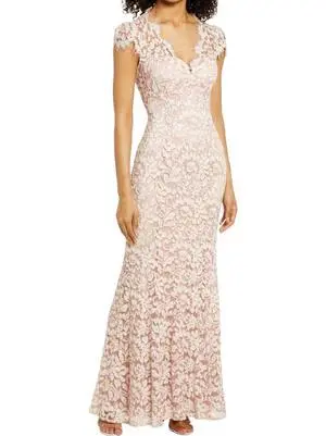 Eliza J Illusion Yoke Lace Trumpet Gown - Blush