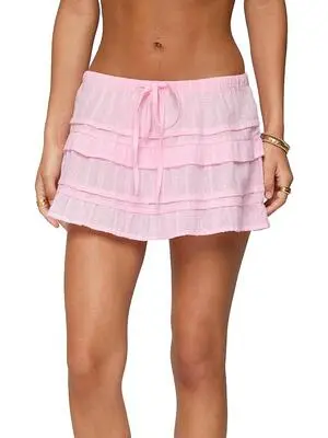 EDIKTED Embroidered Cotton Ruffle Mini Skirt - Pink