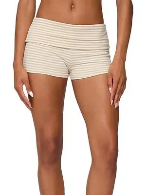EDIKTED Fold Over Striped Shorts - Beige