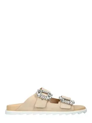 ROGER VIVIER Leather Slidy Viv Strass Sandals - Beige