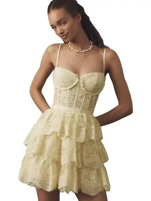 V. CHAPMAN Lace Sweetheart Fit & Flare Tiered Mini Dress - Transparent Yellow Lace