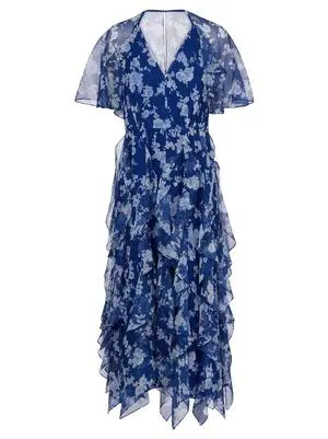 Carolina Herrera Floral Ruffled Chiffon Midi Dress - Blue