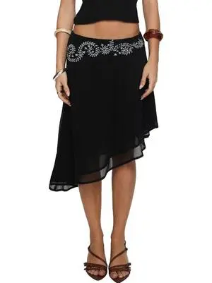Princess Polly Embroidered Asymmetric Chiffon Skirt - Black