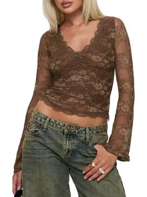 Princess Polly Floral Mesh Top - Brown