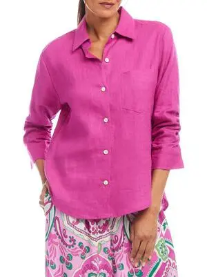 Karen Kane Ruched Sleeve Linen Shirt - Orchid