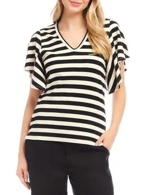 Karen Kane Stripe Flutter-sleeve Top - Black/ Cream