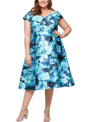 Alex Evenings Printed Mikado Off-the-shoulder Cocktail Dress - Aqua Multi