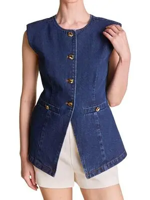 Endless Rose Button Cutaway Vest - Denim