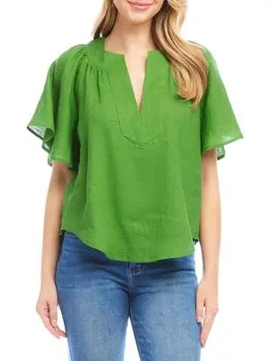 Karen Kane Flutter Sleeve Linen Top - Green