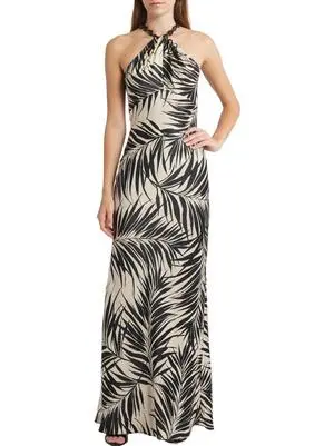Vince Camuto Bead Detail Palm Print Satin Sheath Gown - Black