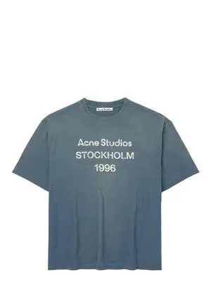 Acne Studios Exford Distressed Logo-print Cotton And Hemp-blend Jersey T-shirt - Blue