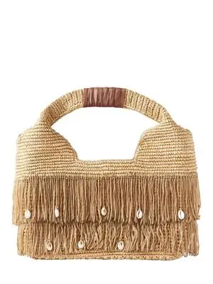 SENSI STUDIO Leather-trimmed Embellished Fringed Straw Tote - Neutrals