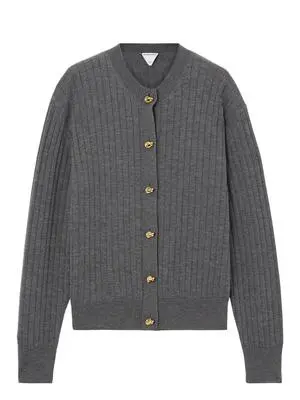 Bottega Veneta Ribbed Wool Cardigan With Knot Detailing - Gray