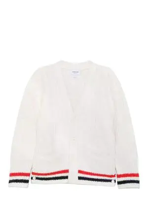 Thom Browne Ribbed Knit Cardigan With Rwb Stripe - White