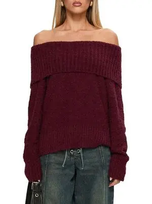 Princess Polly Parkley Off-the-shoulder Bouclé Sweater - Burgundy