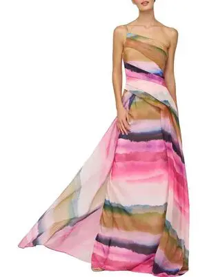 KAY UNGER Normani One-shoulder Printed Organza Gown - Pink Coral Multi