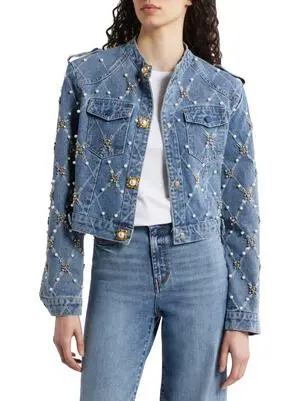 NIKKI LUND Leyana Embellished Denim Jacket - Blue