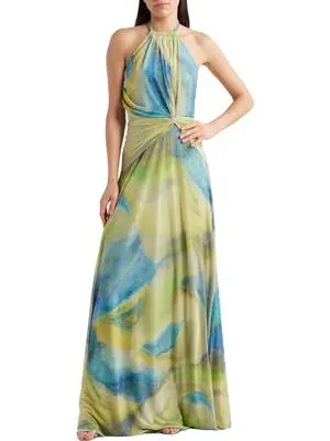 Black Halo Neriah Abstract Print Halter Neck Gown - Brilliant Citrine
