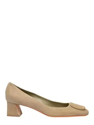Santoni Suede Block Heel Pumps With Buckle - Beige