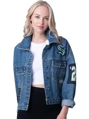 G-III 4HER BY CARL BANKS Seattle Kraken Embroidered & Studded Cropped Jacket - Denim
