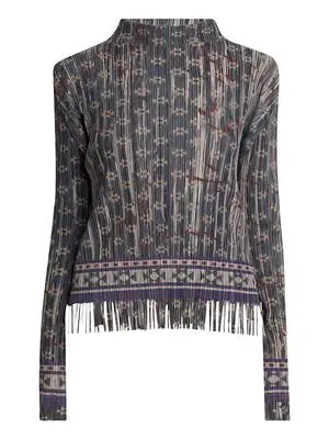 Giorgio Armani Geo Print Plisse Jersey Fringe Top - Gray