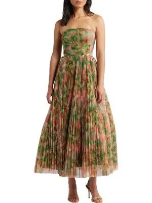 HUTCH Pleated Strapless Mesh Gown - Sage Jungle