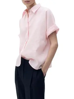 Mango Linen & Cotton Button-up Shirt - Light Pink