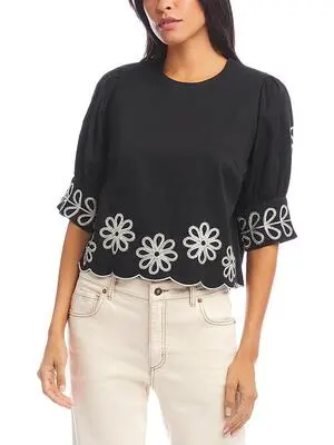 Karen Kane Embroidered Scallop Top - Black