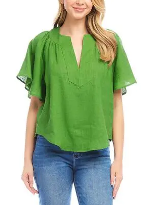 Karen Kane Linen Flutter Sleeve Top - Green
