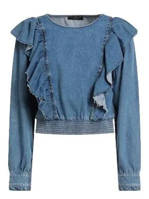 TWINSET Ruched Denim Top With Appliqués - Blue