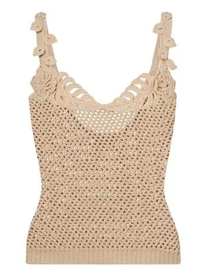 Elie Saab Crochet Floral-appliqué Cotton-blend Top - Beige