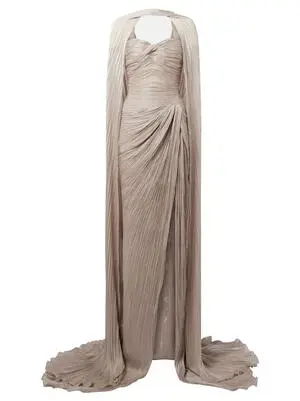 MARMAR HALIM Caped Gathered Pleated Silk Gown - Beige