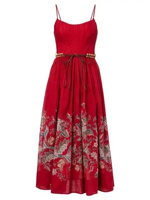 Zimmermann Rhiannon Gathe Paisley Cotton Midi Dress - Red