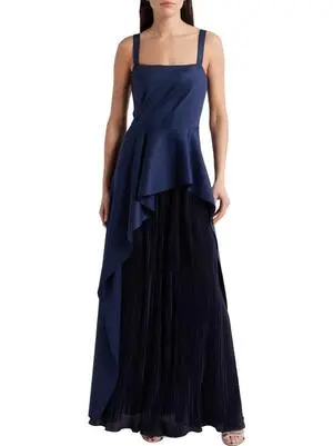 Black Halo Dorothea Plissé Sleeveless Satin Gown - Pacific Blue/ Pacific Blue