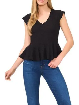 CECE DUPRAZ Puckered Knit Peplum Top - Rich Black