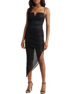 JUMP APPAREL Glitter Asymmetric Hem Mesh Cocktail Dress - Black
