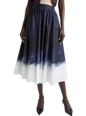 JASON WU Brushed Stretch Cotton Canvas Circle Midi Skirt - Navy / White Smudged Canvas