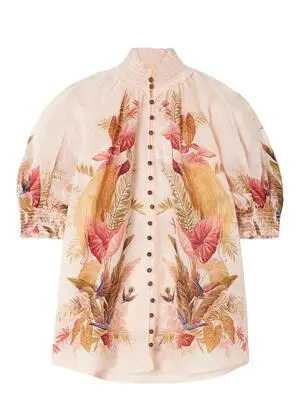 Zimmermann Ascension Embellished Shirred Floral-print Ramie Blouse - Cream