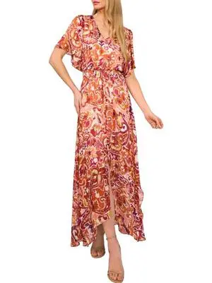 CECE DUPRAZ Printed Smocked Waist Maxi Dress - Wine