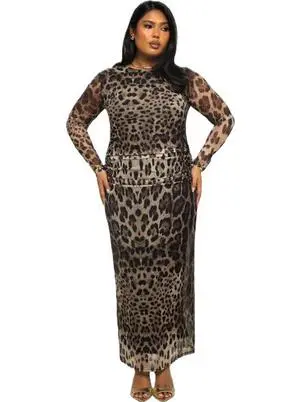 FASHION-SZN CURVE Leopard Print Midaxi Dress - Brown