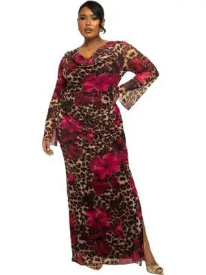 FASHION-SZN CURVE Leopard Print Mesh Maxi Dress - Brown