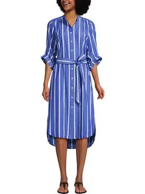 LANDS' END Poplin Oversized Puff Sleeve Midi Shirt Dress - Blue/white Shadow Stripe