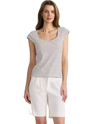 LANDS' END Pointelle Cap-Sleeve Top White/coriander Easy Stripe