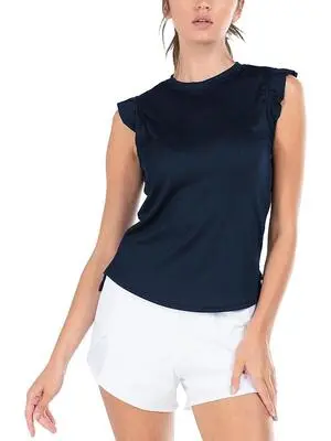 Lucky In Love Rib Tank With Ruffled Cap Sleeves Navy