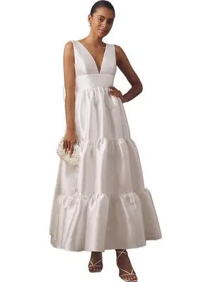 HUTCH Sleeveless V-neck Bow-back Tiered A-line Maxi Dress - White