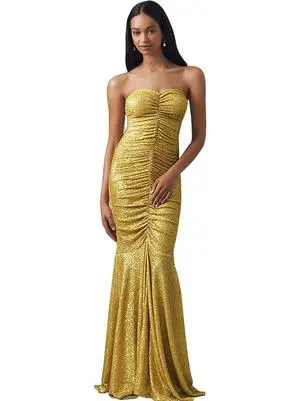 Norma Kamali Strapless Shirred Fishtail Maxi Dress - Asparagus Sequin