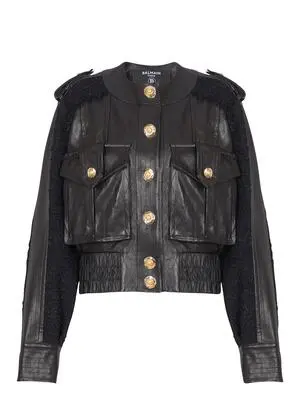 Balmain Tweed-trim Leather Bomber Jacket - Black